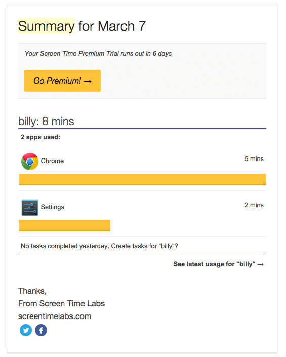 7. Daily summary of your kid’s activity - Screen Time